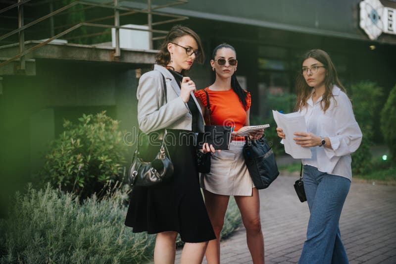 Group of Businesswomen Having a Discussion Outdoors Holding Documents ...