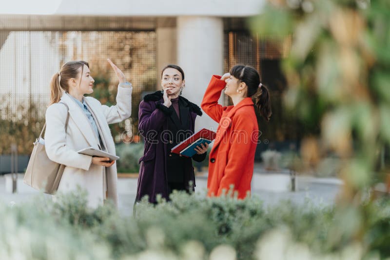 Group of Businesswomen Interacting Outdoors while Discussing Work Stock ...