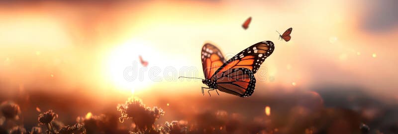 A Group of Butterflies Flies Above a Sun-lit Field, Clouds Scattering ...