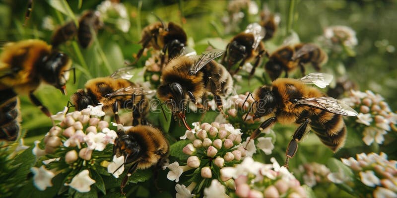 A Group of Buzzing Bees Pollinating Flowers and Aiding in the Gardens ...