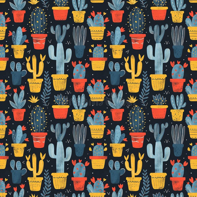 Group of Cacti in Pots Pattern Naive Hand Drawn Background, Tile Stock ...
