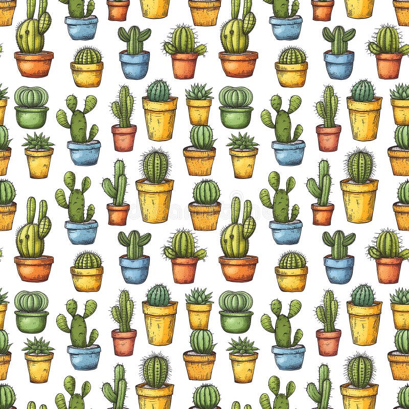 Group of Cacti in Pots Pattern Naive Hand Drawn Background, Tile Stock ...