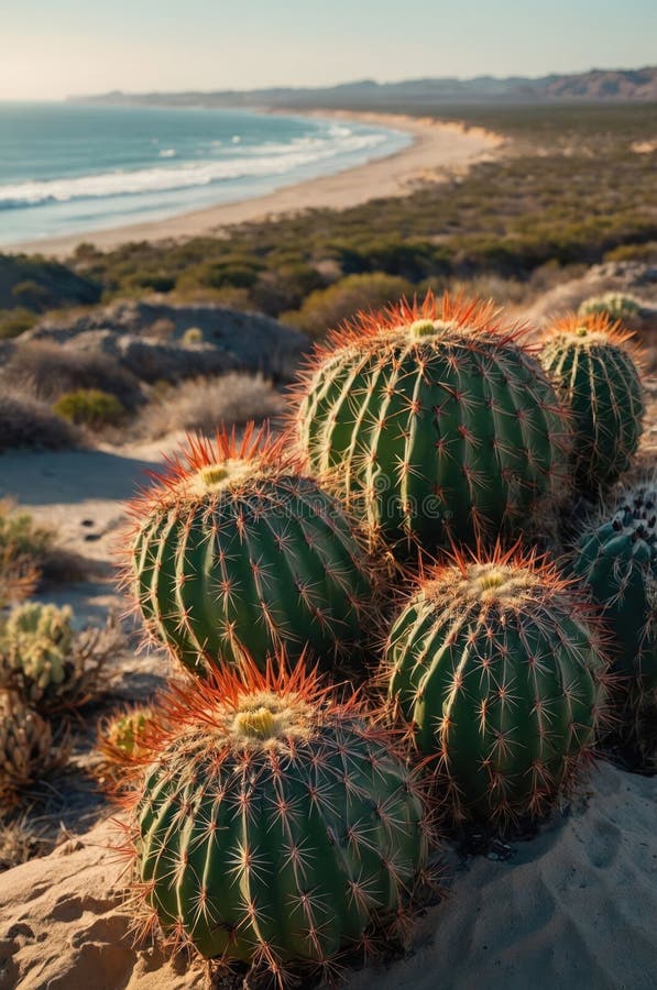 Golden Barrel Cactus Cluster on Sandy Dune Overlooking Ocean Beach ...
