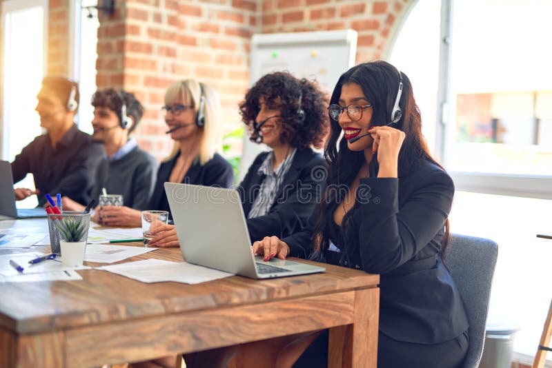 Group of Call Center Workers Smiling Happy and Confident Stock Photo ...