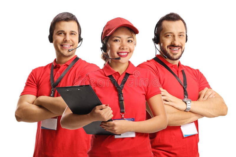 Group of Call Operator Workers with Headsets and Hands Free Microphones ...