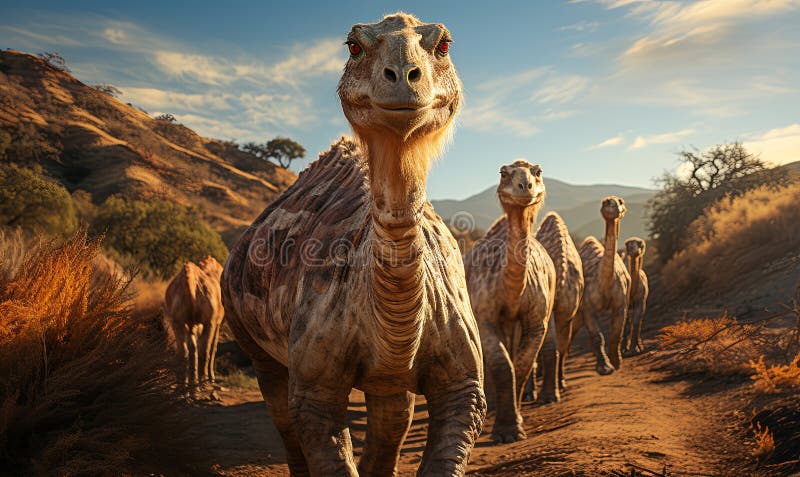 Group of Camels Walking Down Dirt Road Stock Image - Image of mammals ...