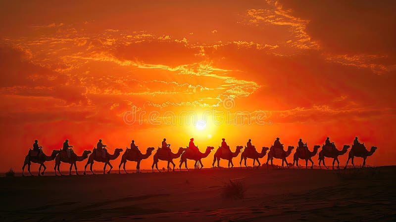 A Group of Camels are Walking in a Line Across a Desert Stock Image ...