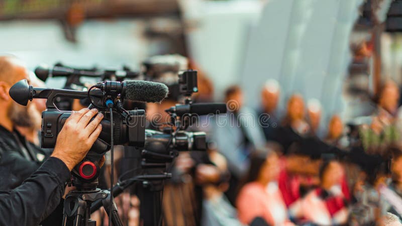 Group of Cameras at an Indoor Event Stock Image - Image of news ...