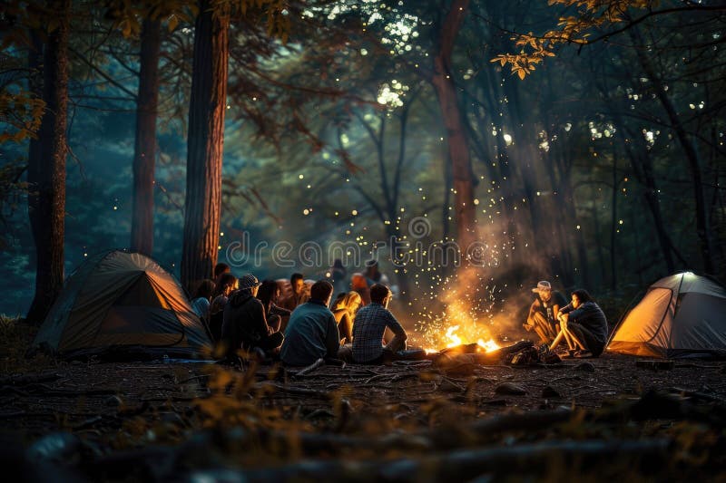Group Camping Trip Around a Bonfire in Forest at Dusk Stock Image ...