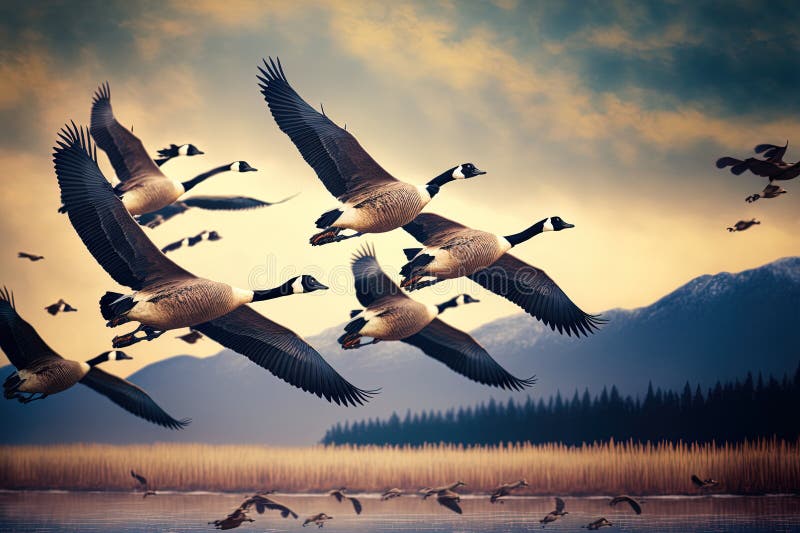 Group of Canada Geese Flying in Formation. Fall Landscape Stock ...