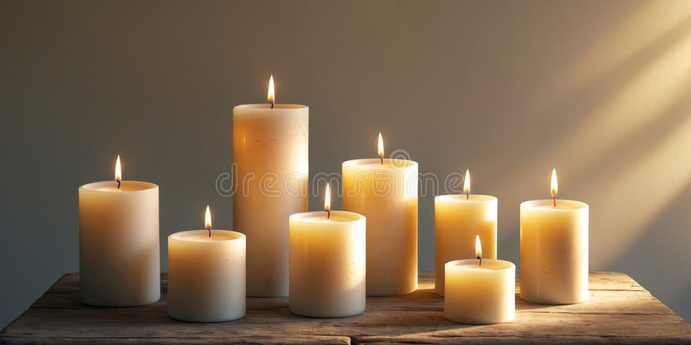 Group of Candles Placed on a Table with Soft Light Stock Photo - Image ...