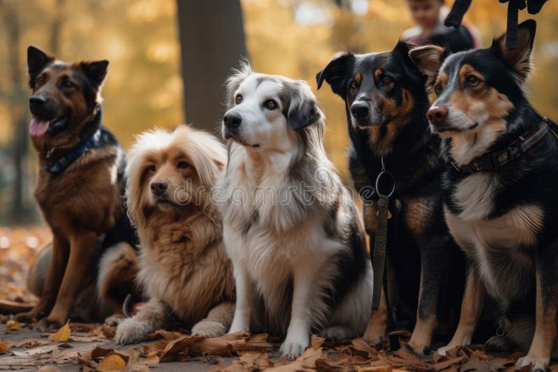 Group of Canines, Eyes Fixed and Focused on Their Owner, in Park Stock ...