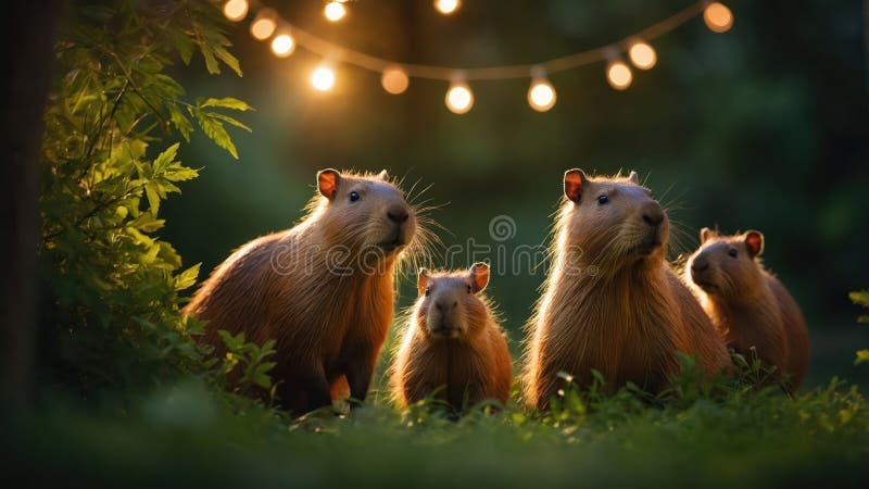 Capybara Family Portrait at Golden Hour: Magical Sunset Scene Stock ...