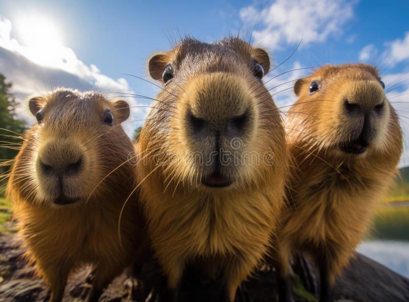 Group of capybara in water stock illustration. Illustration of bank ...
