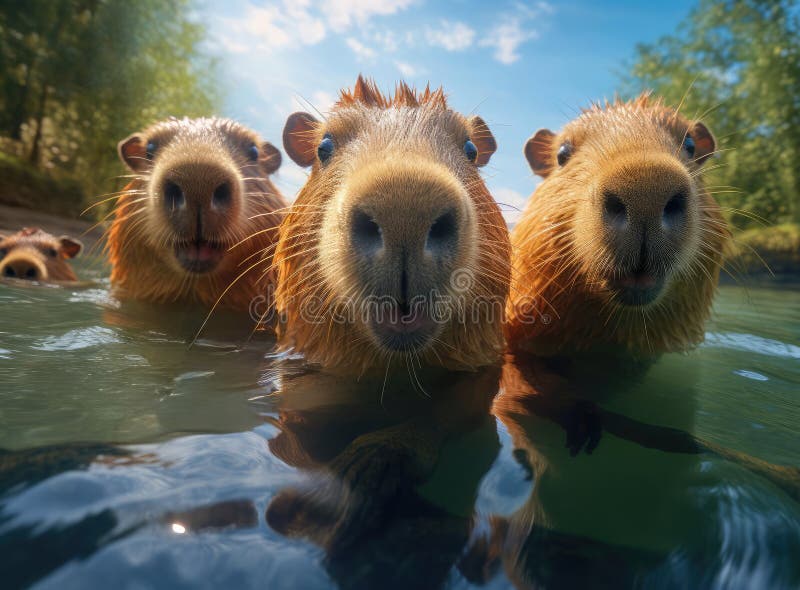 Group of capybara in water stock illustration. Illustration of bank ...