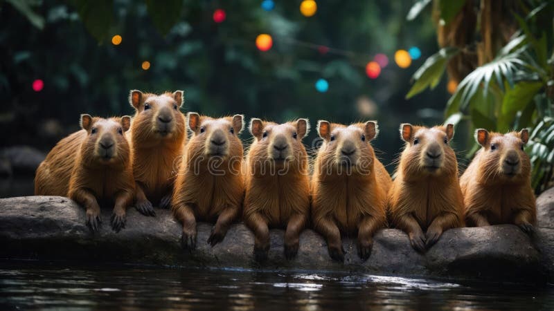Six Adorable Capybaras Posing by the Water S Edge at Night Stock ...
