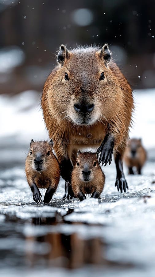 A Group of Capybaras Walking Across a Snow Covered Field Stock Photo ...