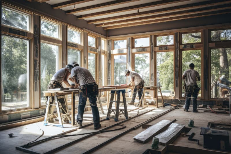 Group of Carpenters Working in a Carpentry Workshop on a Wooden Floor ...
