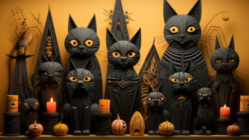 A Group of Cartoon Black Cats and Pumpkins Stock Illustration ...