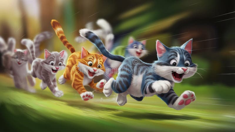 A Group of Cartoon Cats Running Together in a Line, AI Stock Photo - Image of graphic, outdoors ...