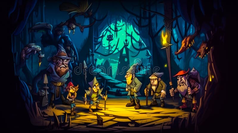Group of Cartoon Characters in Dark Forest. Generative AI Stock ...