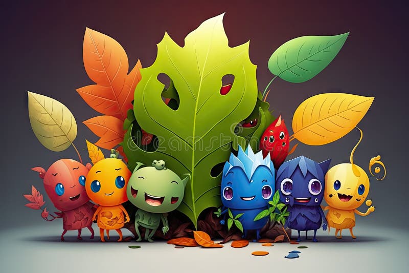 Group of Cartoon Characters, Each Holding a Different Leaf, in Colorful ... Group of Cartoon Characters, Each Holding a Different Leaf, in Colorful ...
