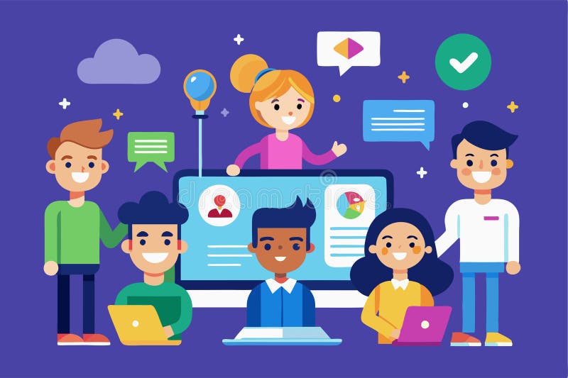 A Group of Cartoon Characters Engages in Teamwork on Laptops, Sharing ...