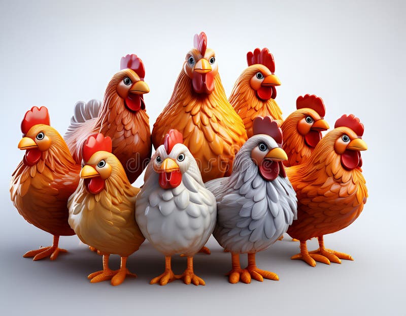 Group of Cartoon Chickens in Low-Poly Style on Light Gray Background ...