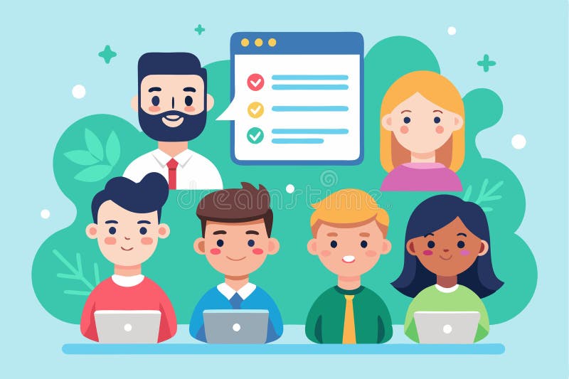 A Group of Cartoon Figures Participates in a Virtual Meeting ...