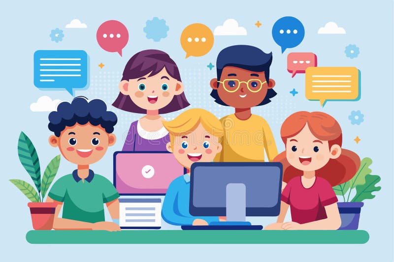 A Group of Cartoon Friends of Different Ethnicities Use Computers To ...