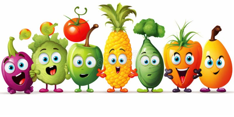 A Group of Cartoon Fruits and Vegetables with Faces Stock Image - Image ...