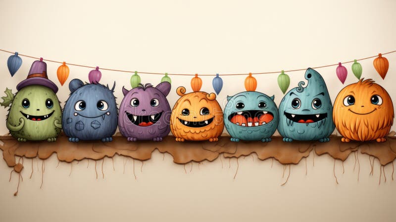 A Group of Cartoon Monsters on a String Stock Illustration ...