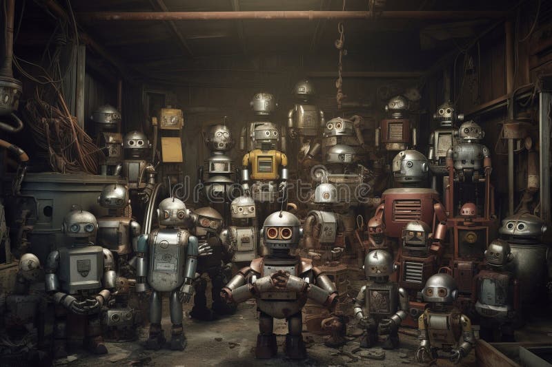 Group of cartoon robots. stock illustration. Illustration of mechanical ...