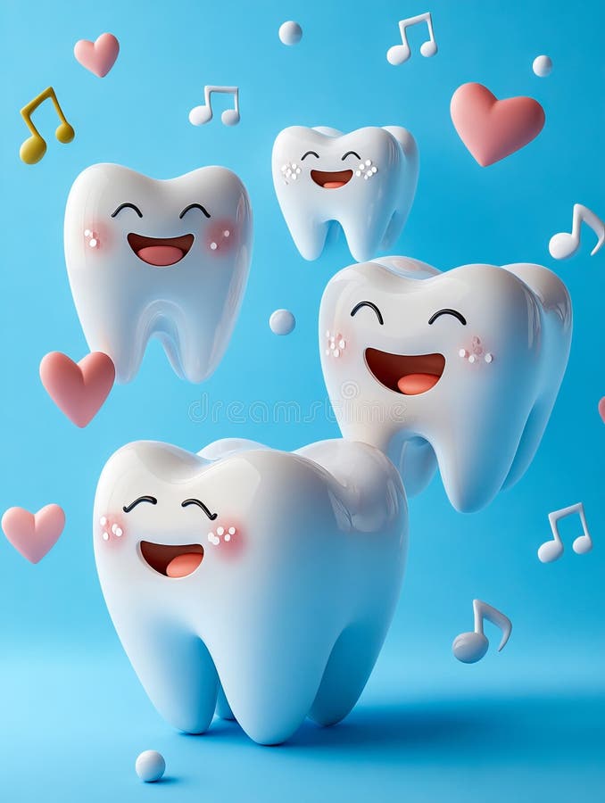 A Group of Cartoon Teeth with Hearts and Music Notes Stock Photo ...