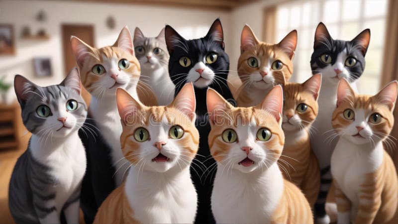 A Group of Cats with Curious Expressions Looking Directly at the Viewer ...