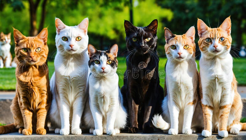 A Group of Cats of Different Breeds are Sitting in the Park and Looking ...