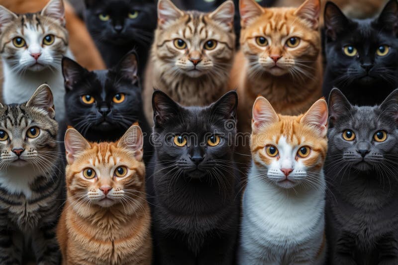 A Group of Cats Standing in a Row Looking at the Camera Stock Image ...