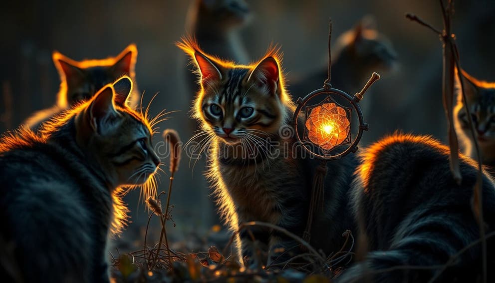 Group of Cats with Dreamcatcher in a Magical Warm Light Setting Stock ...