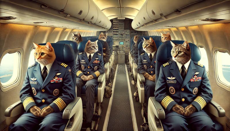 A Group of Cats Dressed in Pilot Uniforms Sit in an Airplane Stock ...