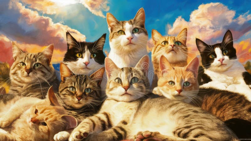 A Group of Cats are Laying Down in a Field with Clouds, AI Stock Photo ...