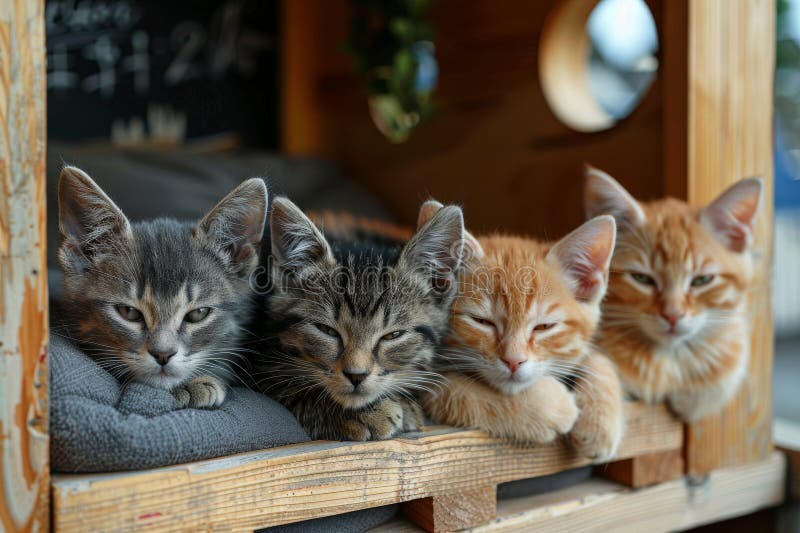 A Group of Cats are Laying on a Wooden Structure Stock Image - Image of ...