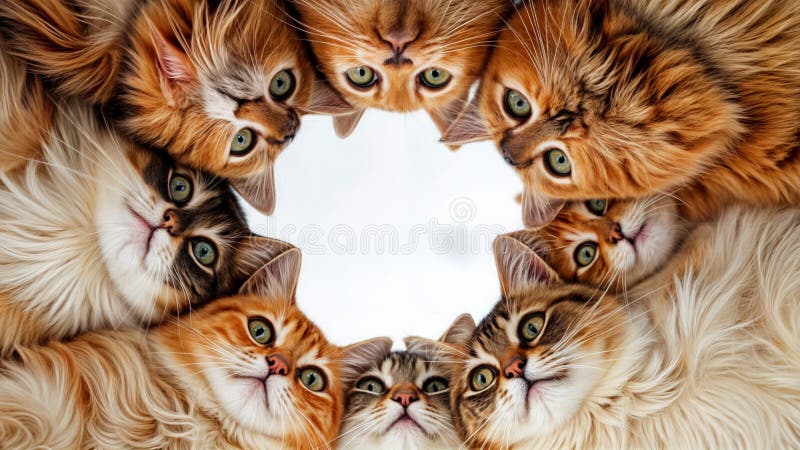 Group of Cats Looking Down at Camera in Circle Formation. Overhead View ...