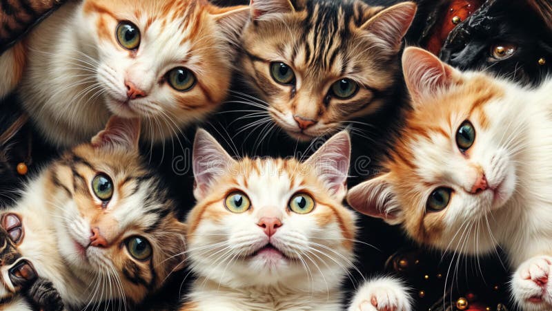 Group of Cats Looking Down at Camera in Circle Formation. Overhead View ...