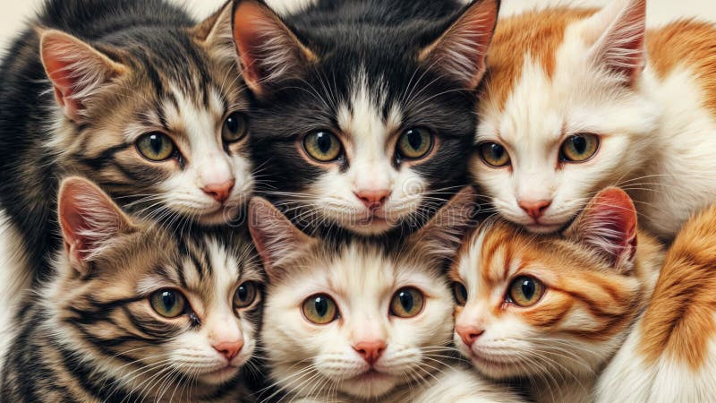Group of Cats Looking Down at Camera in Circle Formation. Overhead View ...