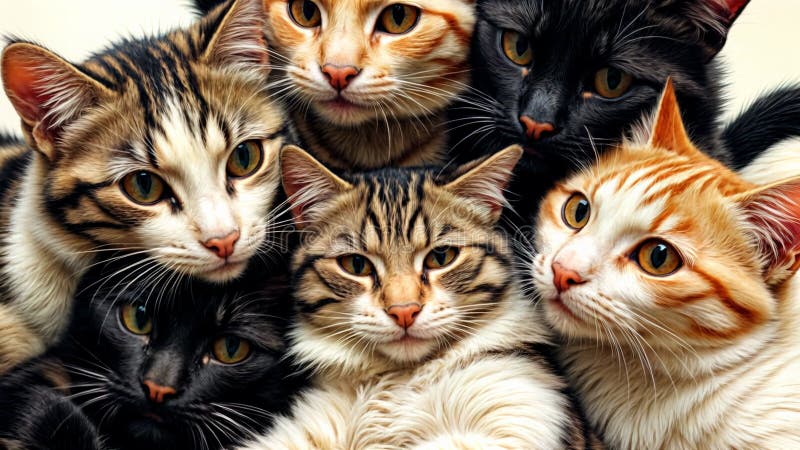 Group of Cats Looking Down at Camera in Circle Formation. Overhead View ...