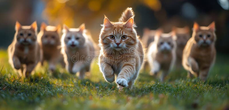 A Group of Cats are Running through a Field Stock Image - Image of ...