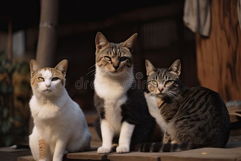 Group of Cats Sitting and Looking at Camera, with Warm and Inviting ...
