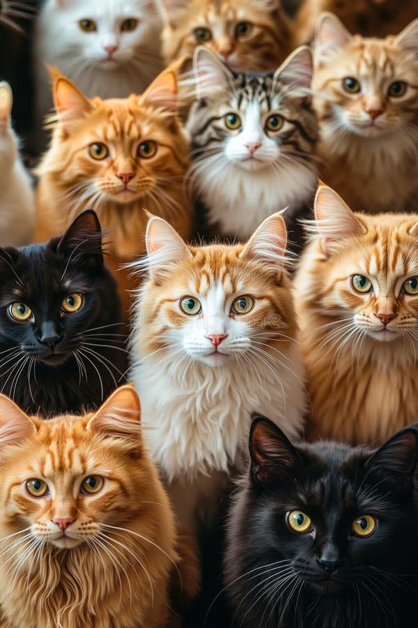 A Group of Cats Sitting in a Pile Looking at the Camera Stock ...