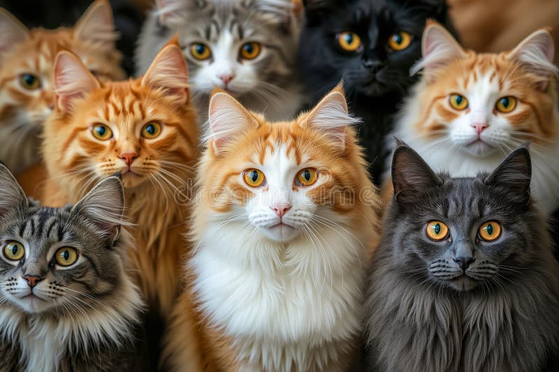 A Group of Cats Sitting in a Row Looking at the Camera Stock Image ...