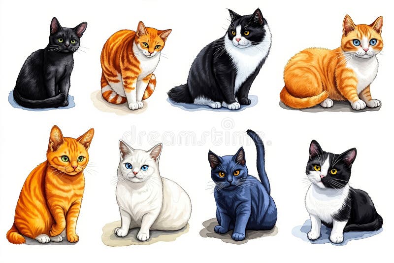 A Group of Cats Sitting in a Row on a White Background Stock Image ...